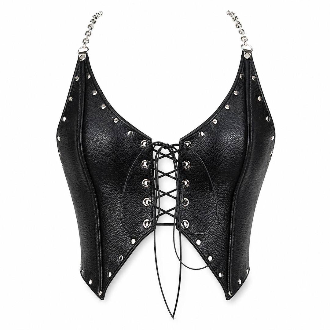 Black Faux Leather Corset Top | Studded Chain Halter Bustier, Punk ...