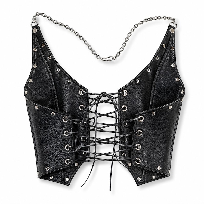 Black Faux Leather Corset Top | Studded Chain Halter Bustier, Punk ...
