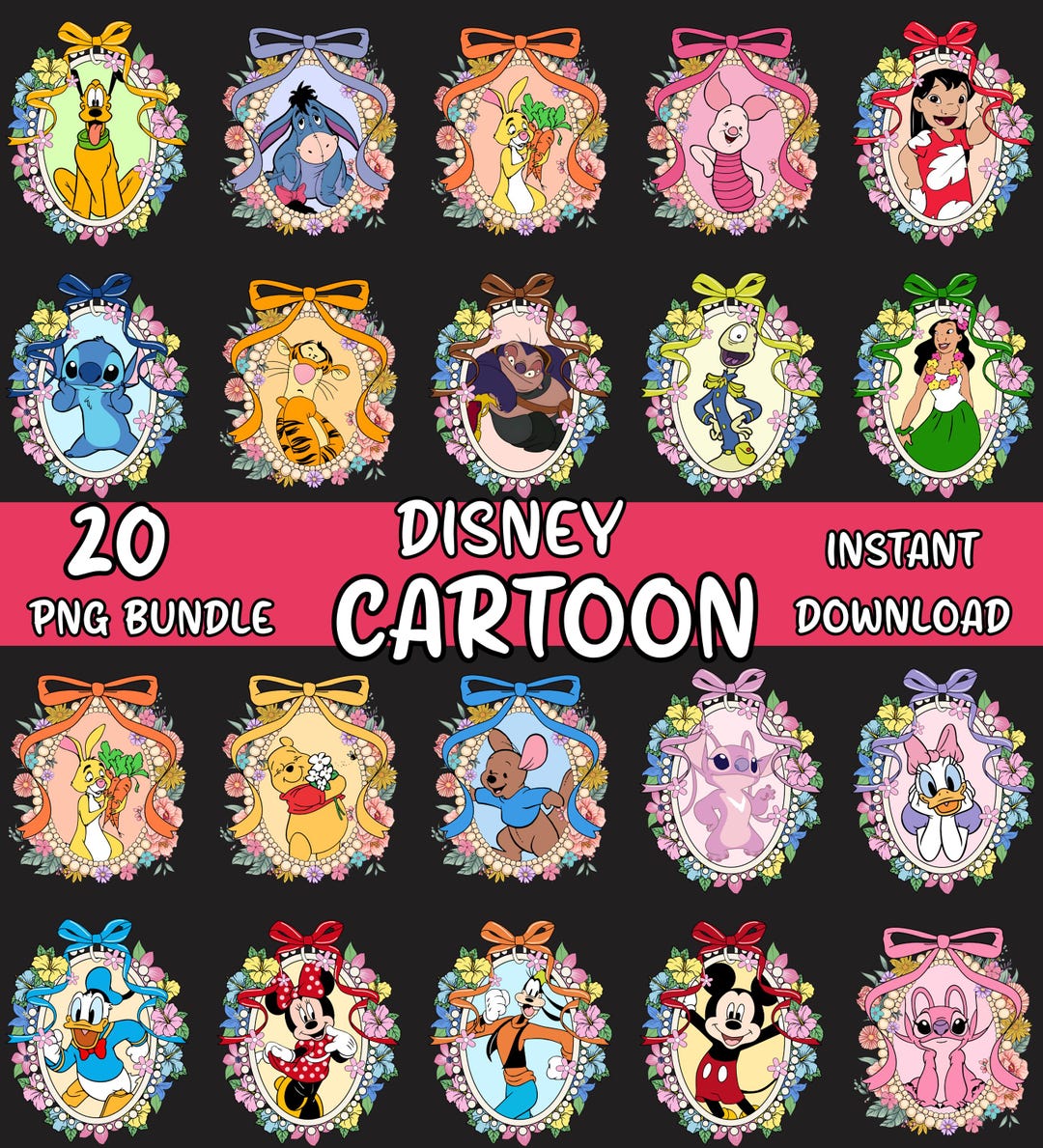 20 Cartoon Disney PNG Bundle, Floral Mouse and Friend Watercolor PNG ...