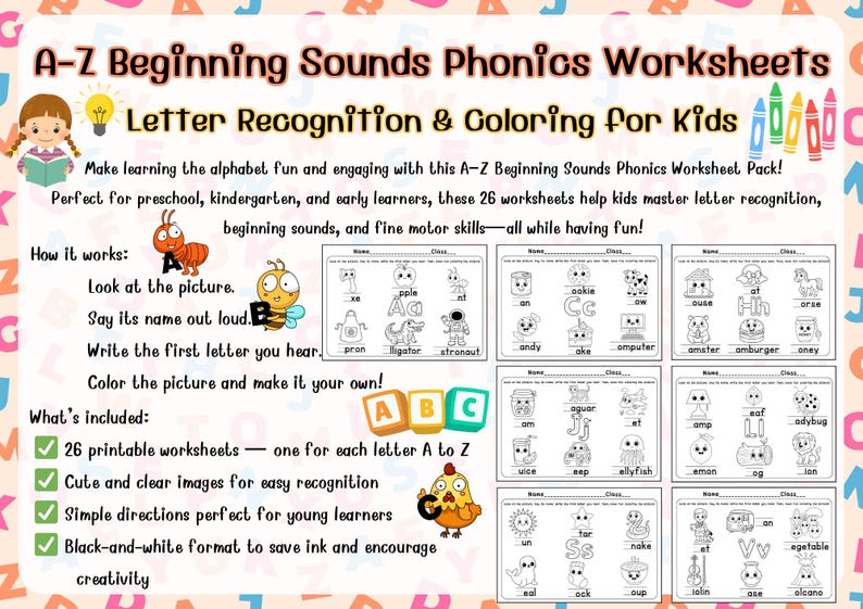 A–Z Beginning Sounds Phonics Worksheets | Letter Recognition & Coloring ...
