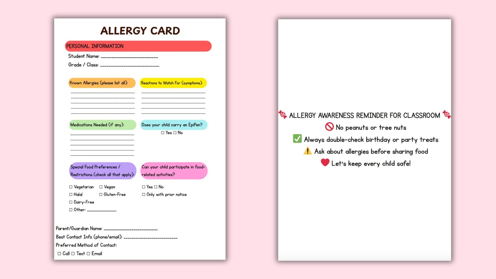 Printable Allergy Alert Card: 5x7 Digital Download for Teachers ...