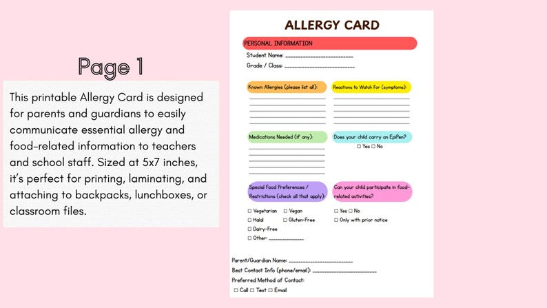 Printable Allergy Alert Card: 5x7 Digital Download for Teachers ...