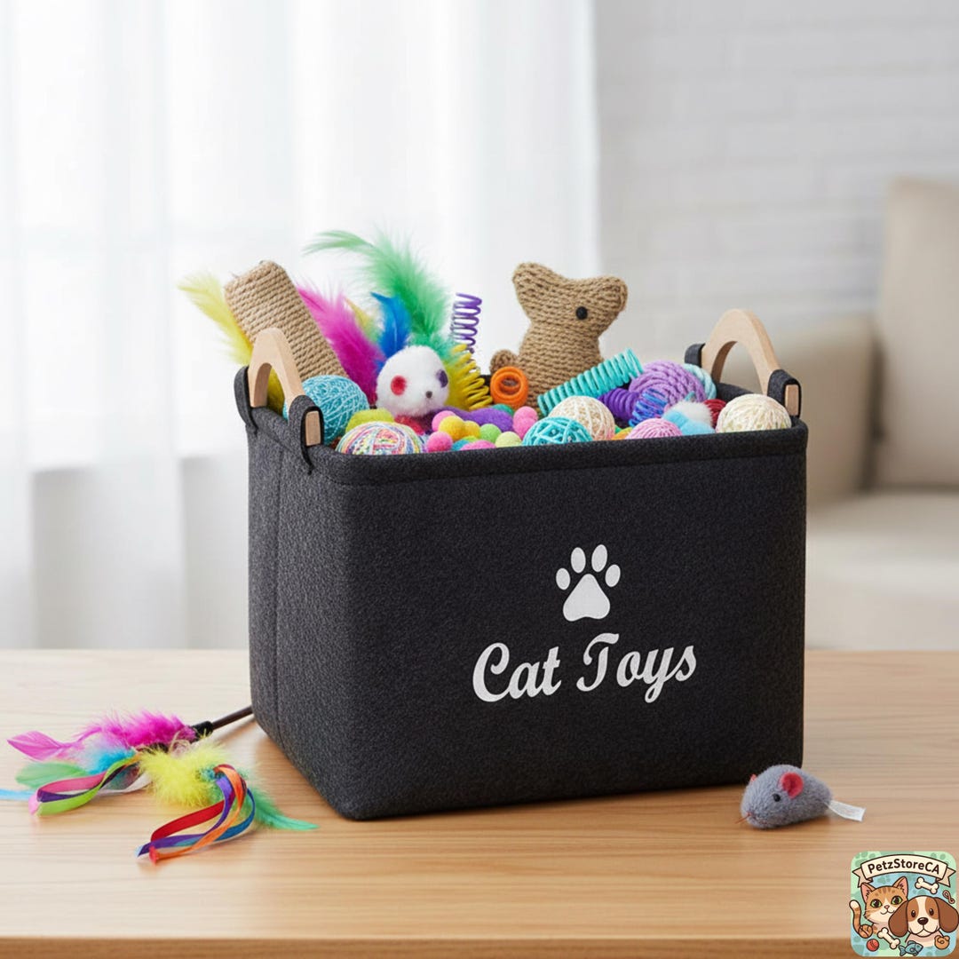 Felt Pet Toy Storage Box With Wooden Handle | Cat & Dog Organizer Bin ...