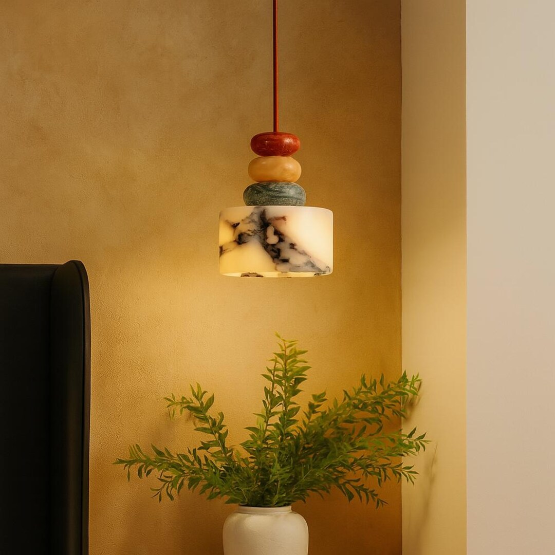 Stacked Stone & Marble Pendant Light – Soft Warm Glow for Cozy ...