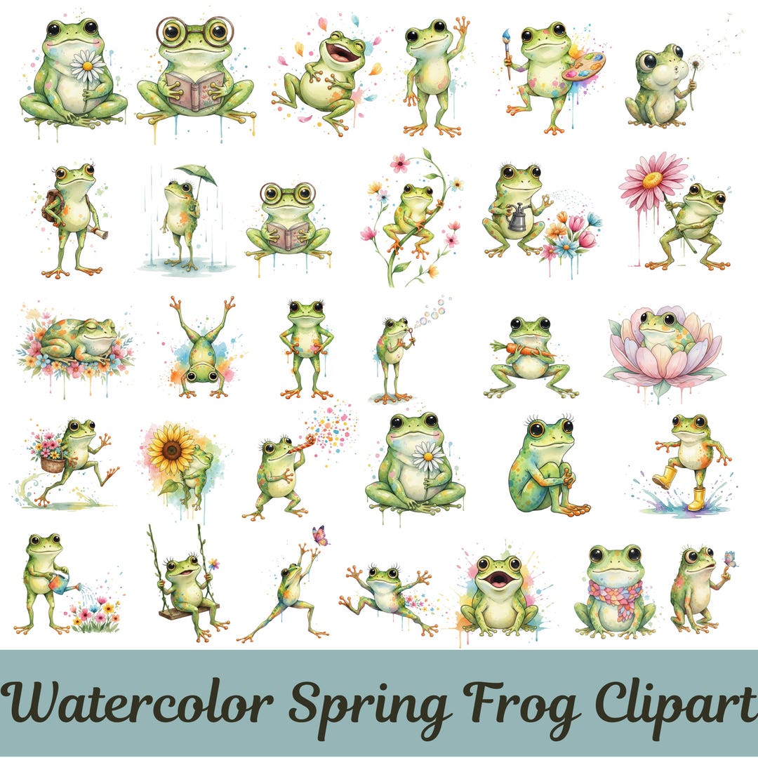 Watercolor Spring Frog Clipart PNG | Cute Frog Clipart | Floral Frog ...