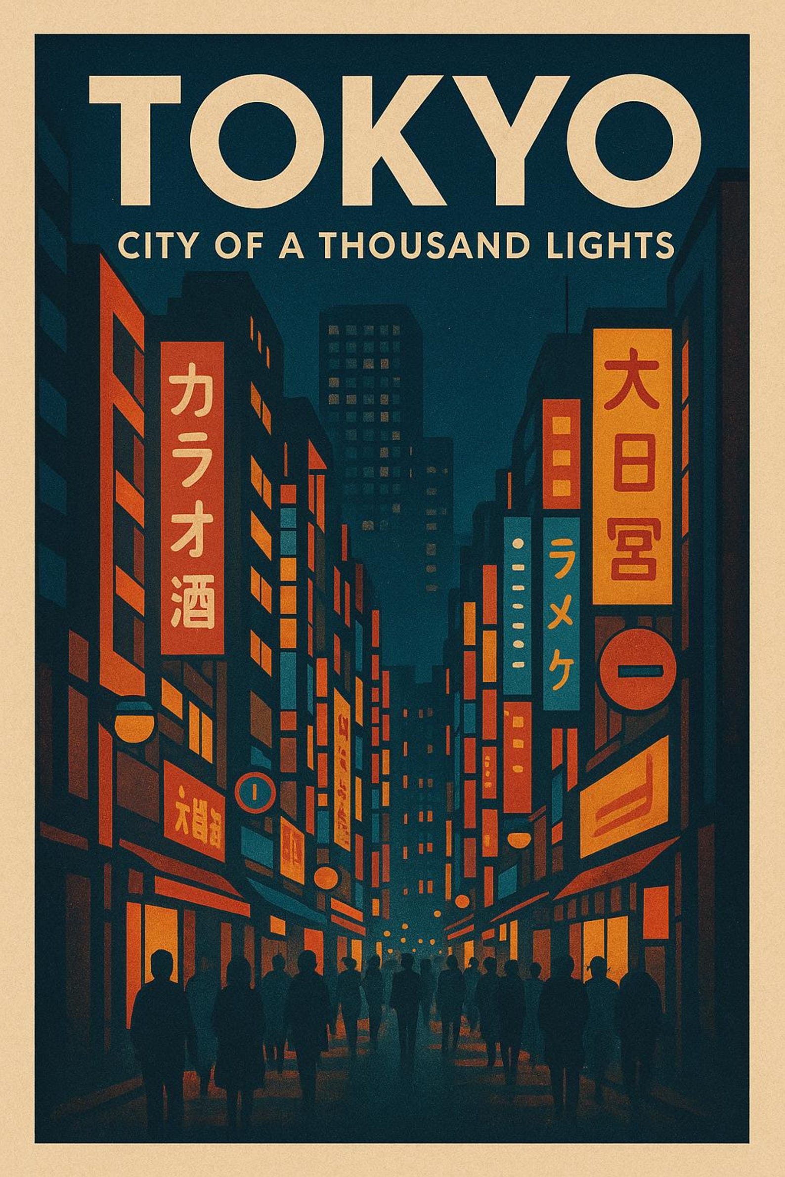 Tokyo Neon Nights Vintage Travel Poster – Retro Futuristic Shinjuku ...
