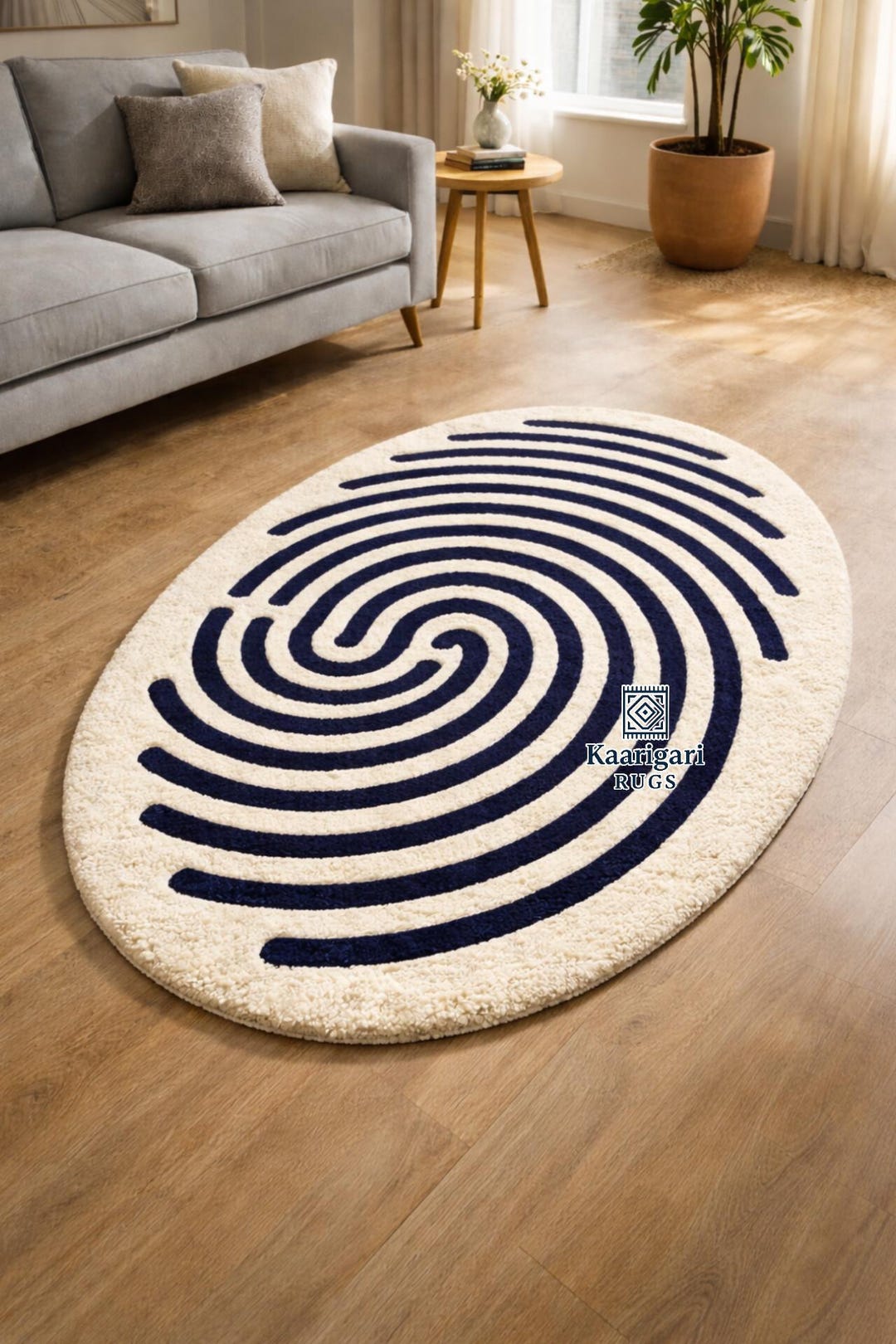 Hand Tufted Wool Round Rug – Modern Fingerprint Pattern Rug, Navy Blue ...