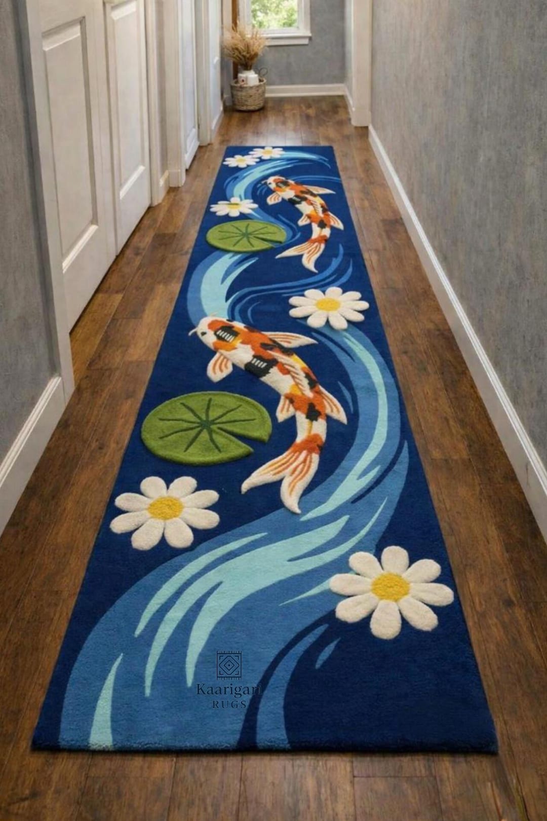 Hand Tufted Wool Koi Fish Runner Rug Japanese Pond Rug Blue Lily Pad ...