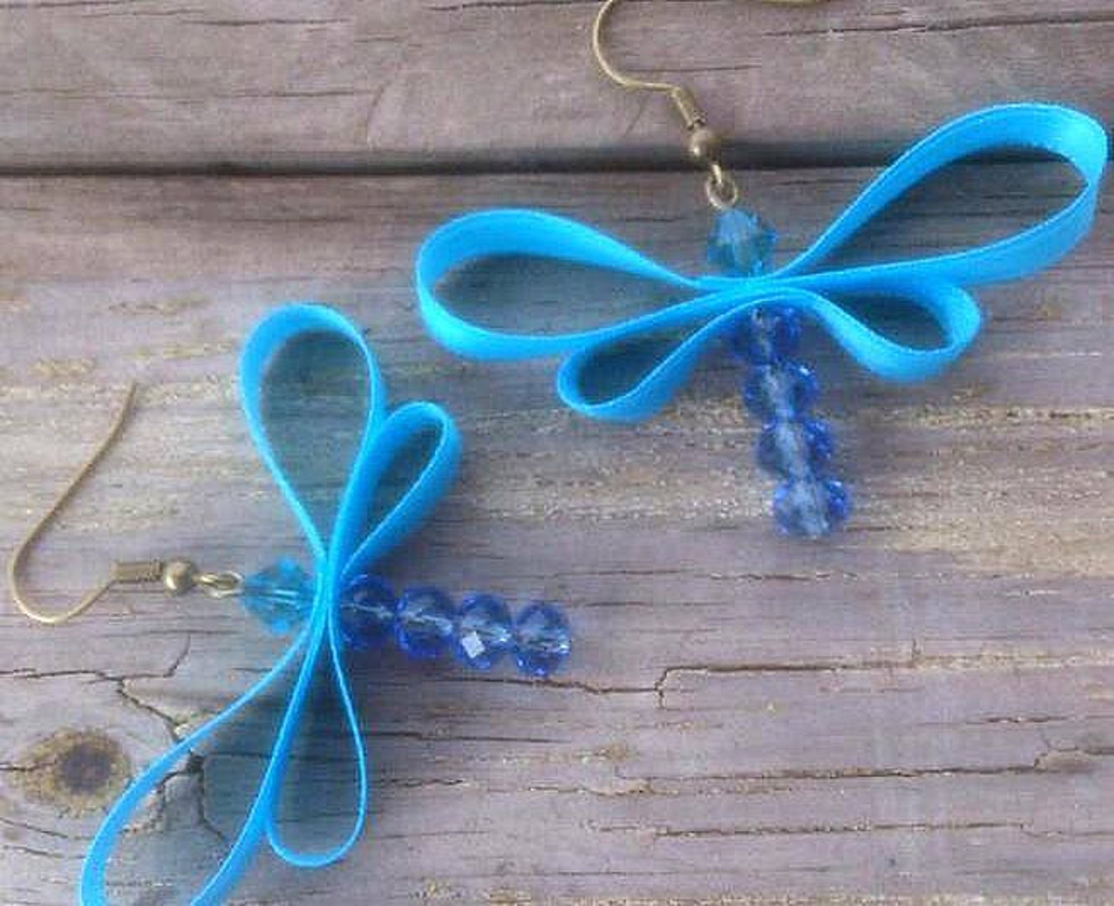Teal Dragonfly Ribbon Earrings With Swarovski Crystals. - Etsy