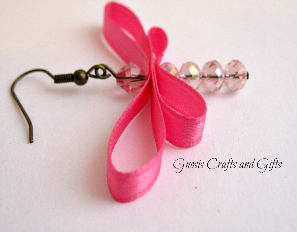 Hot Pink Dragonfly Ribbon Earrings With Swarovski Crystals. - Etsy
