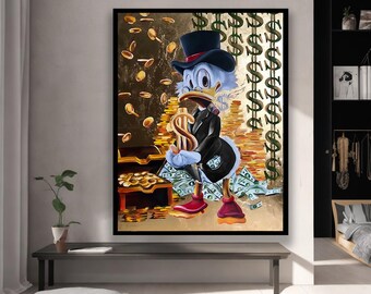 Rich Duck Canvas, Money Bath Duck Art, Cartoon Wall Art, Pop Art Canvas ...