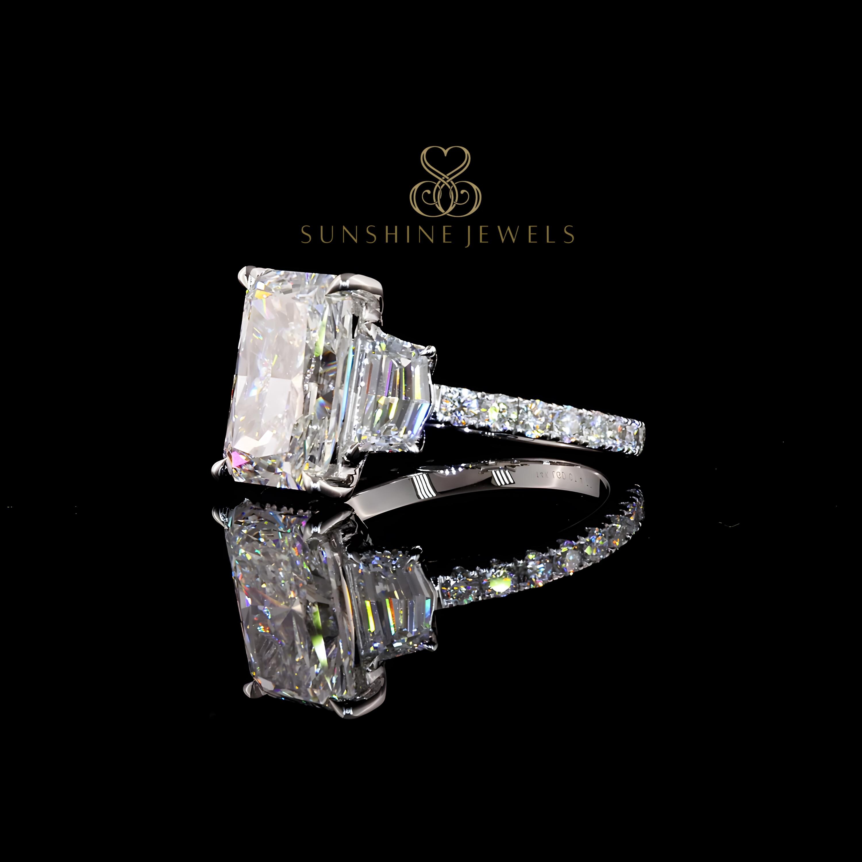 Emerald Cut Lab Grown Diamond Engagement Ring, 14K Gold Solitaire Three ...