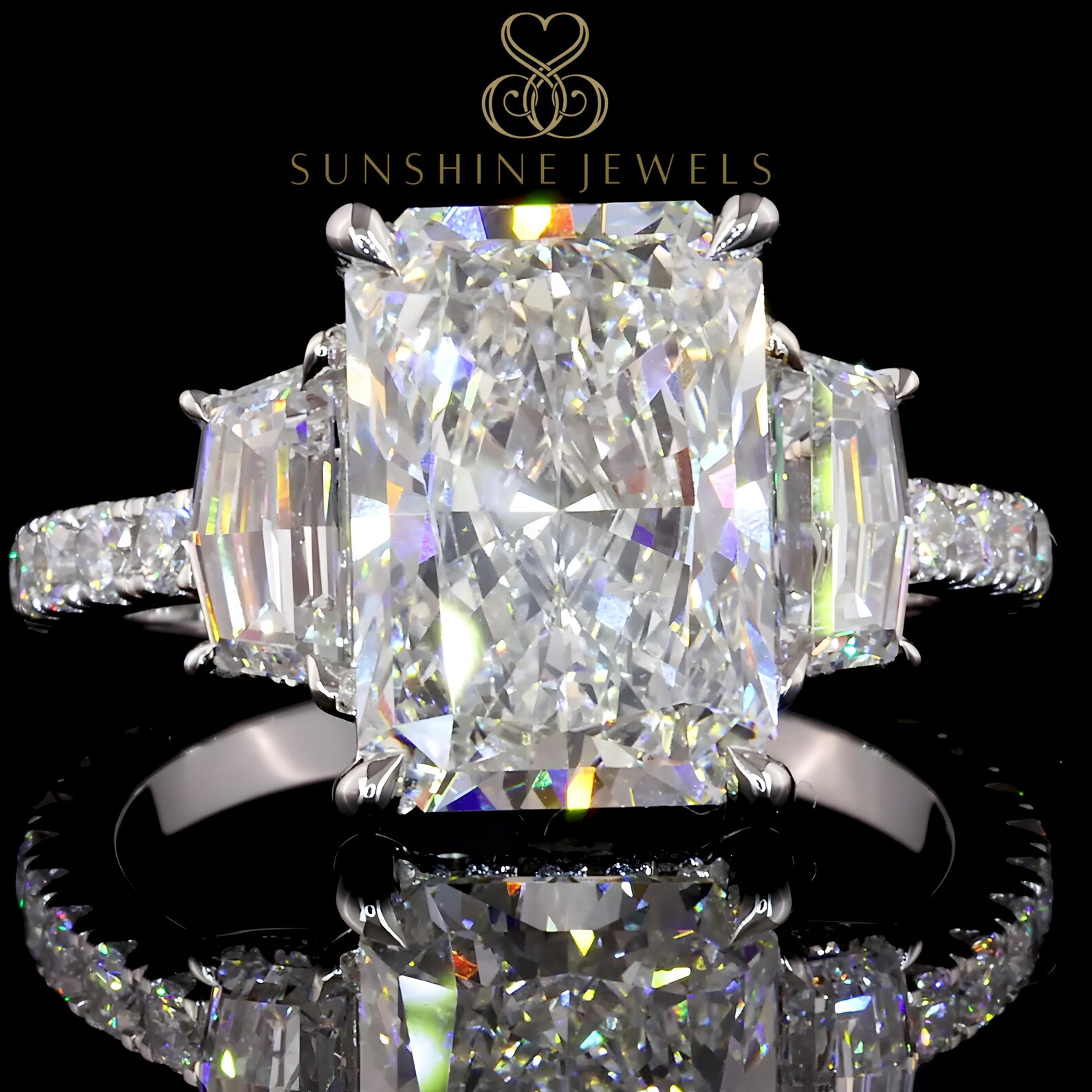 Emerald Cut Lab Grown Diamond Engagement Ring, 14K Gold Solitaire Three ...
