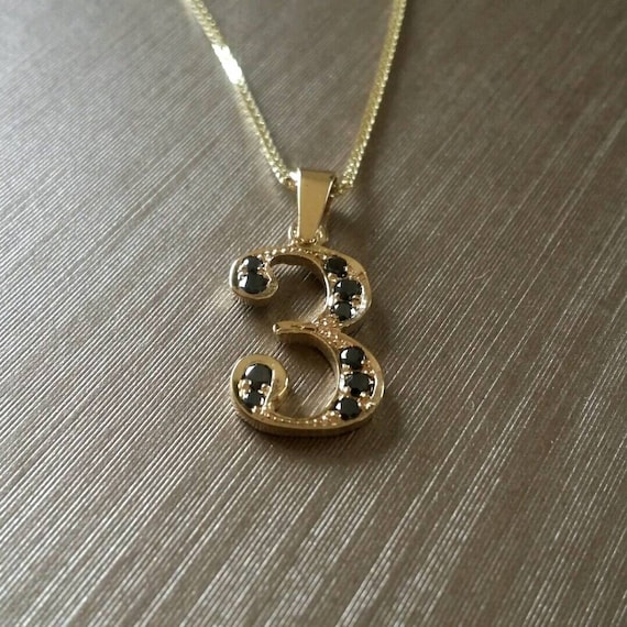 Number Three Gold Pendant With Black Diamonds Gold Pendant | Etsy