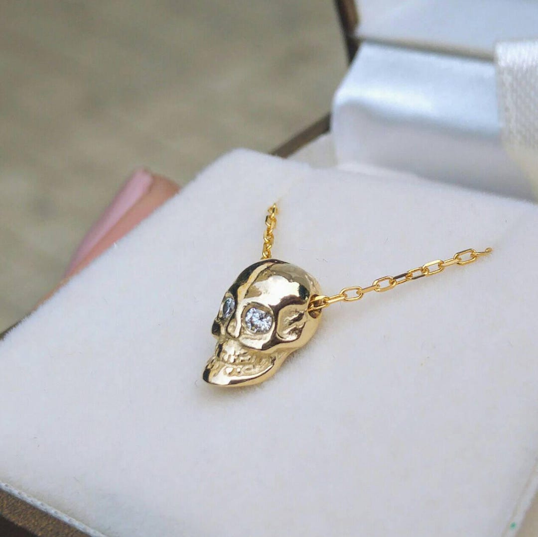 14k Gold Skull Pendant, Solid Gold Skull Necklace, Diamond Skull ...