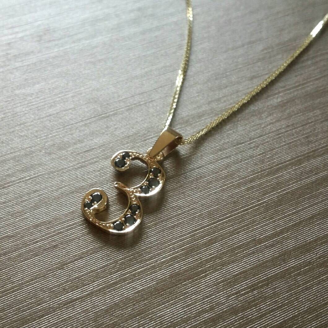 Number Three Gold Pendant With Black Diamonds, Gold Pendant, Three ...