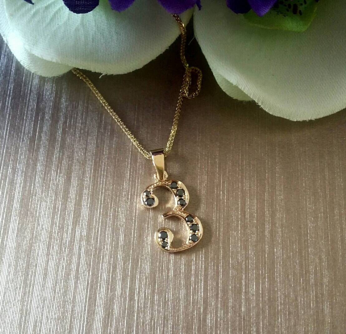 Number Three Gold Pendant With Black Diamonds, Gold Pendant, Three ...