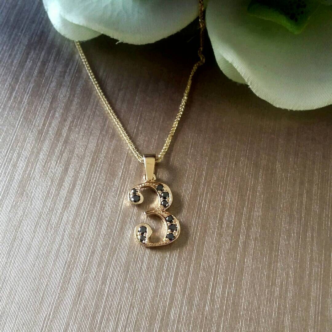 Number Three Gold Pendant With Black Diamonds, Gold Pendant, Three ...