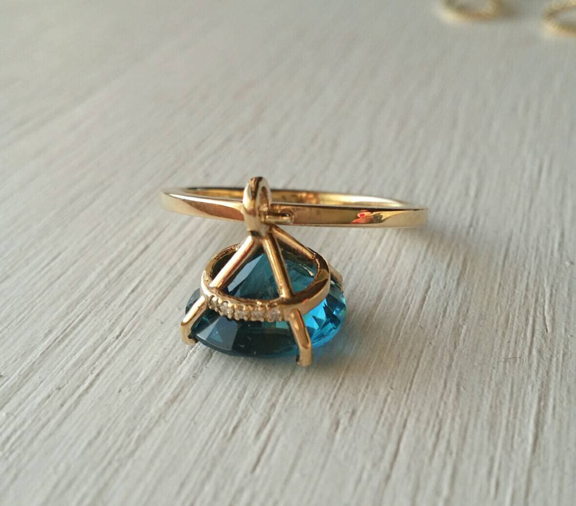 14K Gold Dangle Ring With Blue Culture Spinel and Diamonds, Gold Ring ...