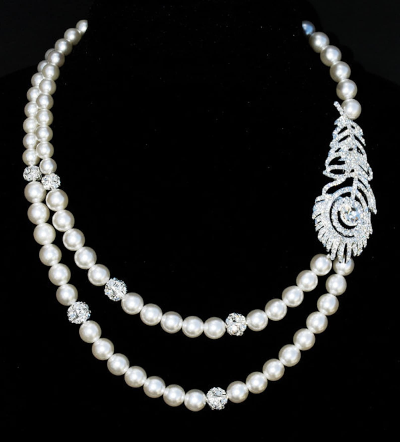 Bridal Pearl Rhinestone Necklace Two Strand Wedding Jewelry - Etsy