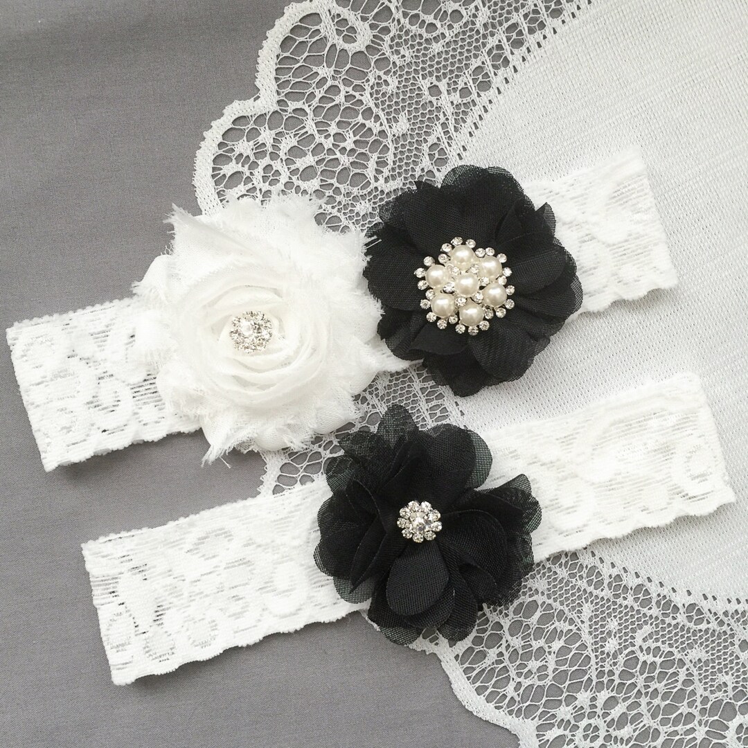 Wedding Garter Set Bridal Garter Set Black Chiffon Flower White Lace ...