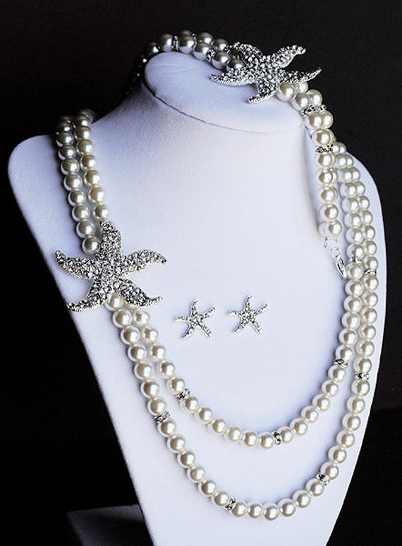 LXdesigns Bridal Pearl Rhinestone Necklace Bracelet Earring Crystal Starfish White or Ivory Beach Wedding Jewelry Set ST003LX