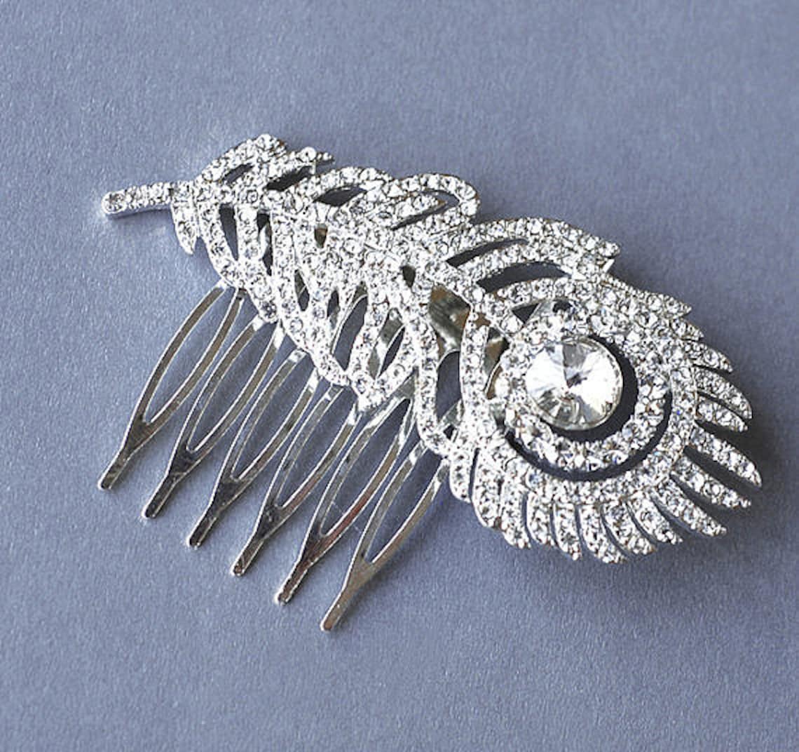 Rhinestone Bridal Hair Comb Wedding Jewelry Crystal Peacock Feather ...