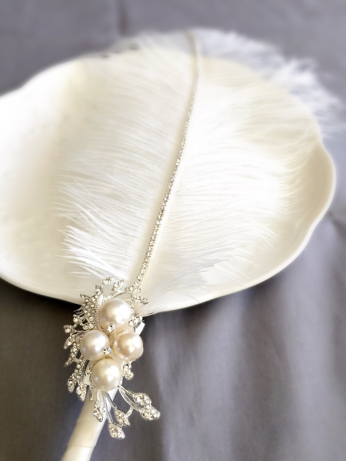 Ostrich Feather Pen Rhinestone Pearl Brooch White Feather Pen Wedding ...