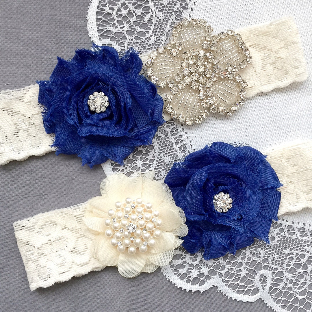Wedding Garter Belt Set Bridal Garter Set Ivory Navy Blue Lace Garter ...