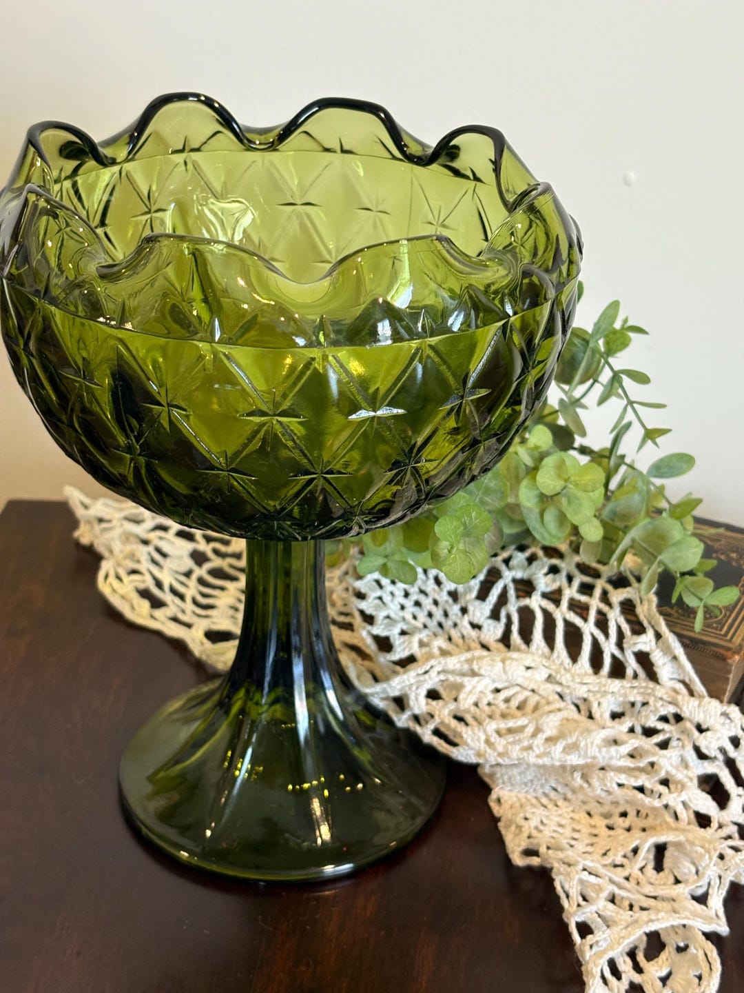 Vintage Green Glass Compote – Mid-century Diamond Star Pedestal Candy ...