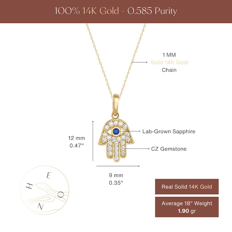 14K Solid Gold Hamsa Hand Necklace Sapphire Evil Eye Protection Pendant ...