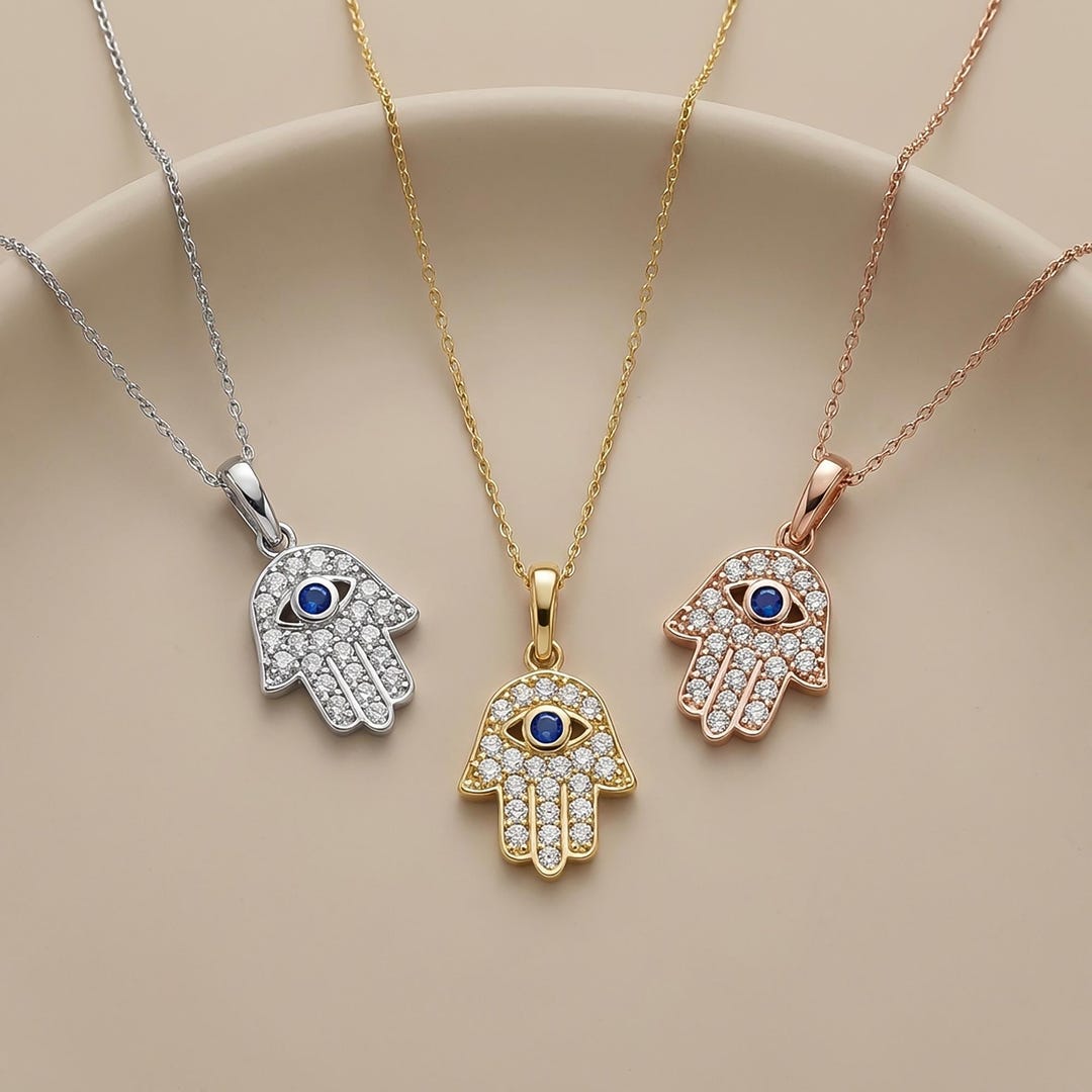 14K Solid Gold Hamsa Hand Necklace Sapphire Evil Eye Protection Pendant ...