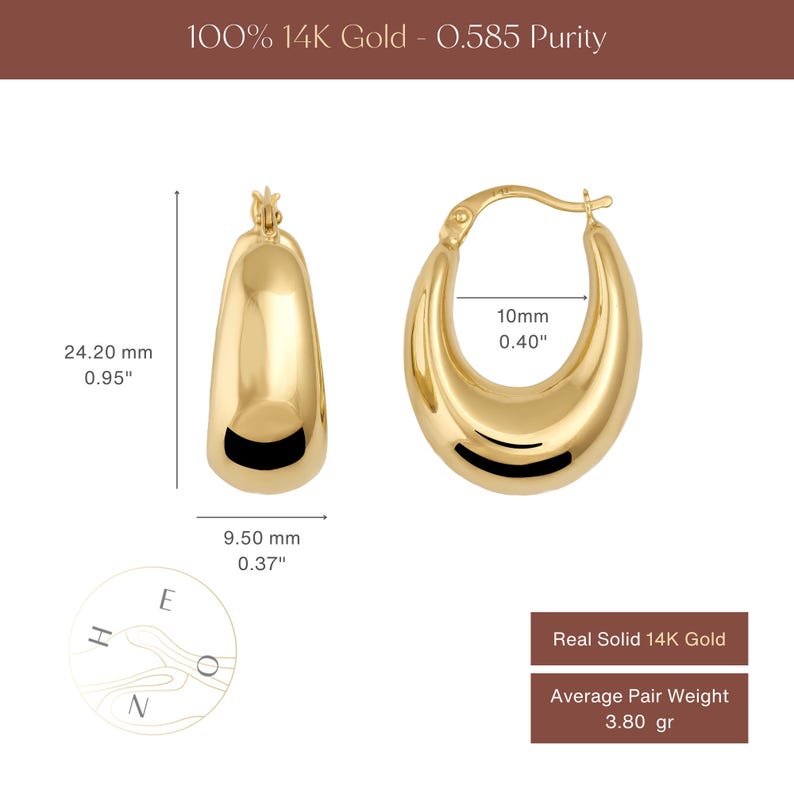 Real 14K Gold Chunky Dome Hoop Earrings, Bold Oval Thick Everyday ...