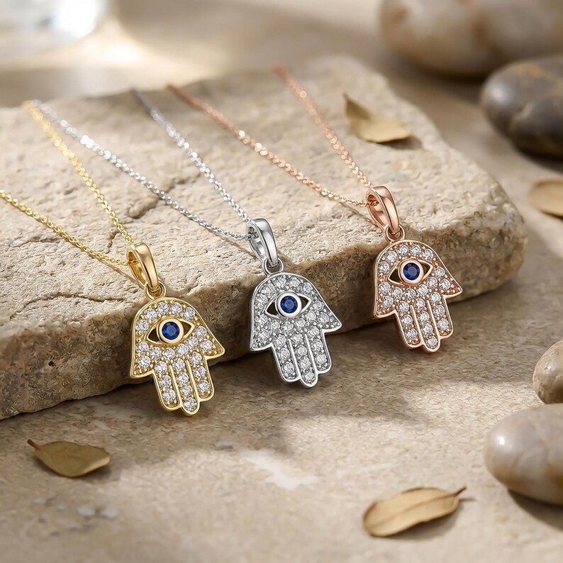 14K Solid Gold Hamsa Hand Necklace Sapphire Evil Eye Protection Pendant ...