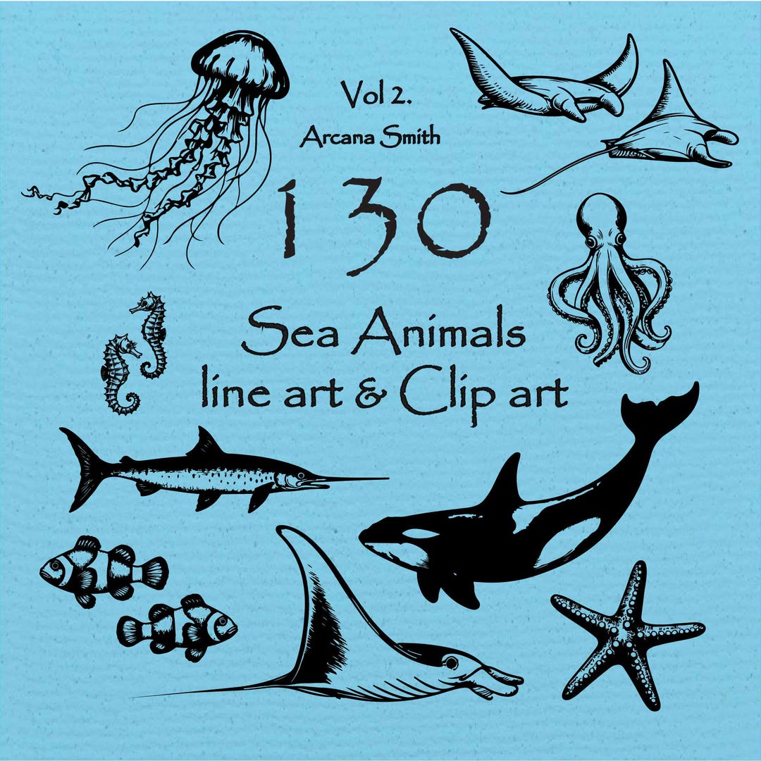 130 Sea Animals Line Art Clip Art Vol2:vector SVG Clipart (digital ...