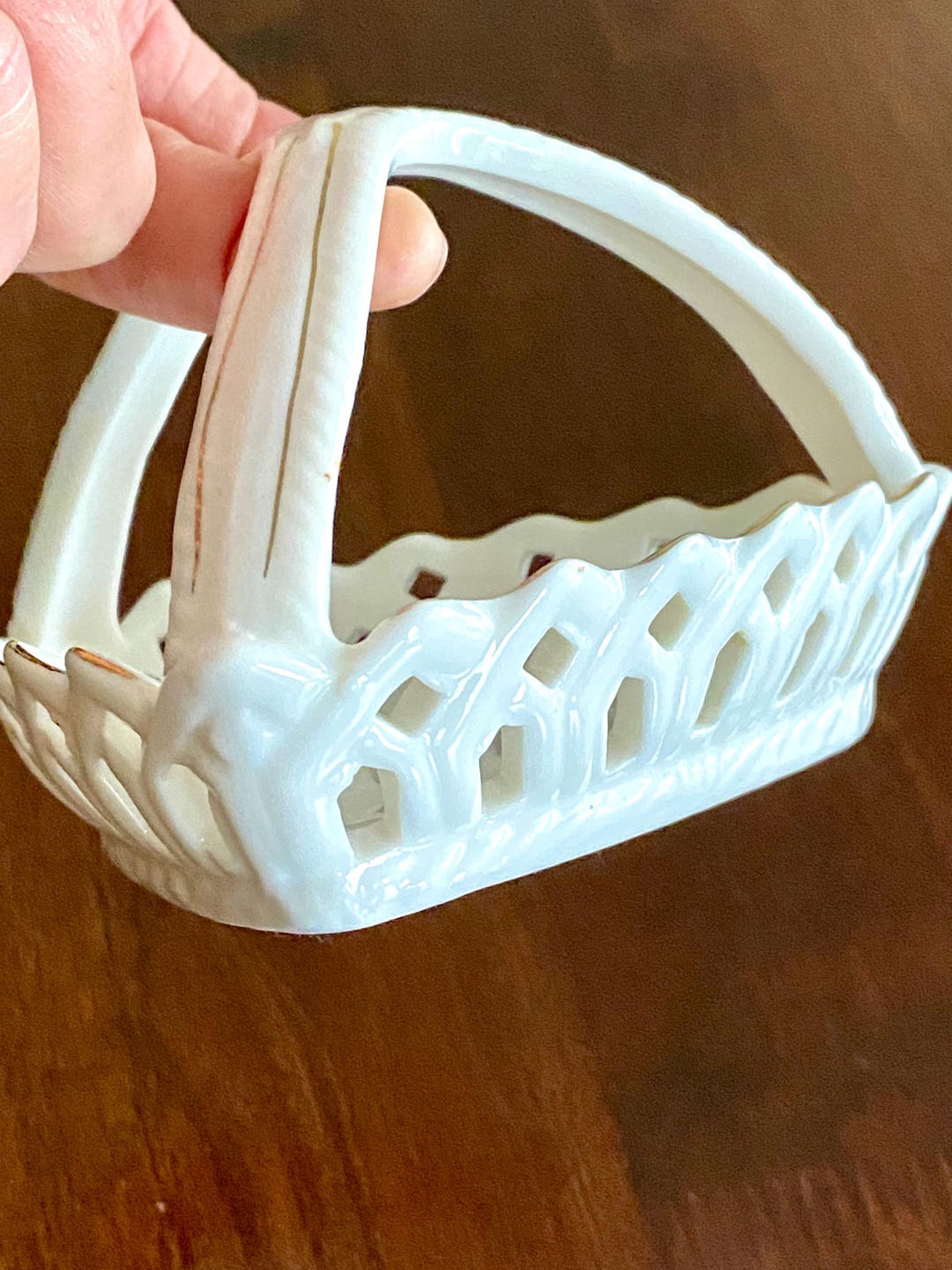 Vintage Porcelain Trinket Basket With Handle Triangle Shaped Jewelry ...