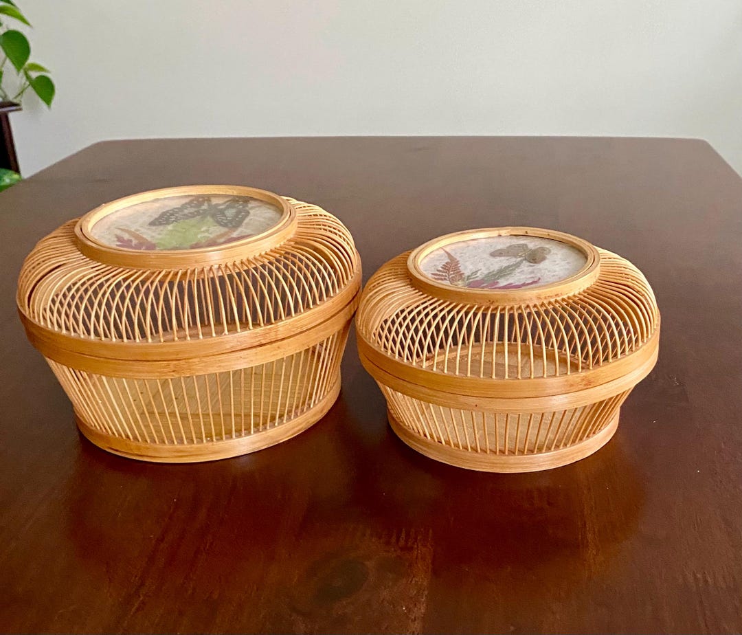 Vintage Asian Woven Bamboo Ratan Basket With Lid, Cricket Cage With ...