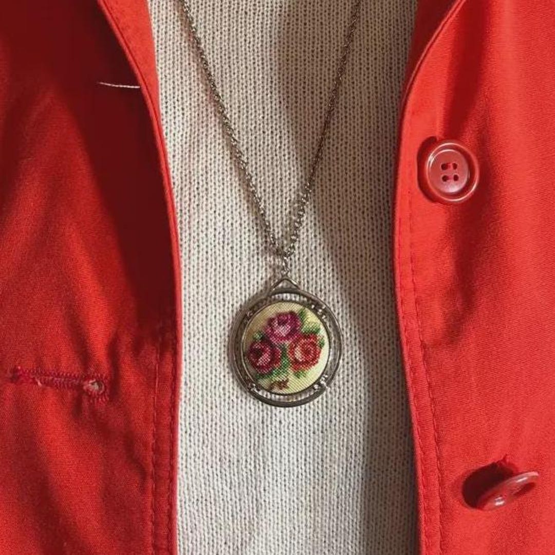 Vintage Petit Point Rose Jewelry Set: Embroidered Necklace & Earrings ...