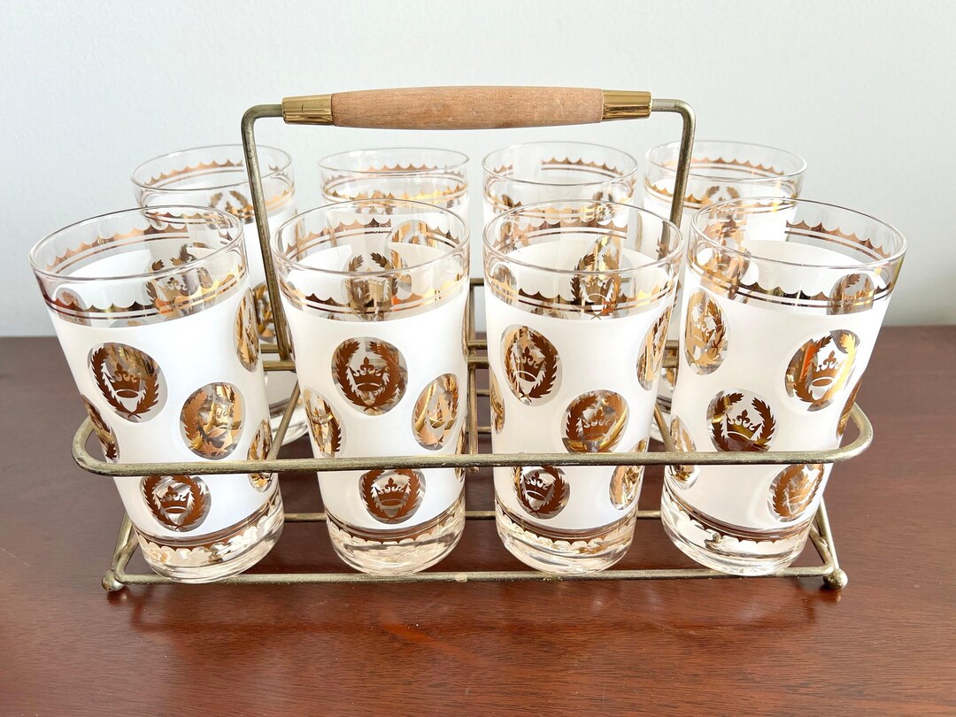 Mid Century COCKTAIL Caddy Set, 8 Gold Crown Highball Glasses & Caddy ...