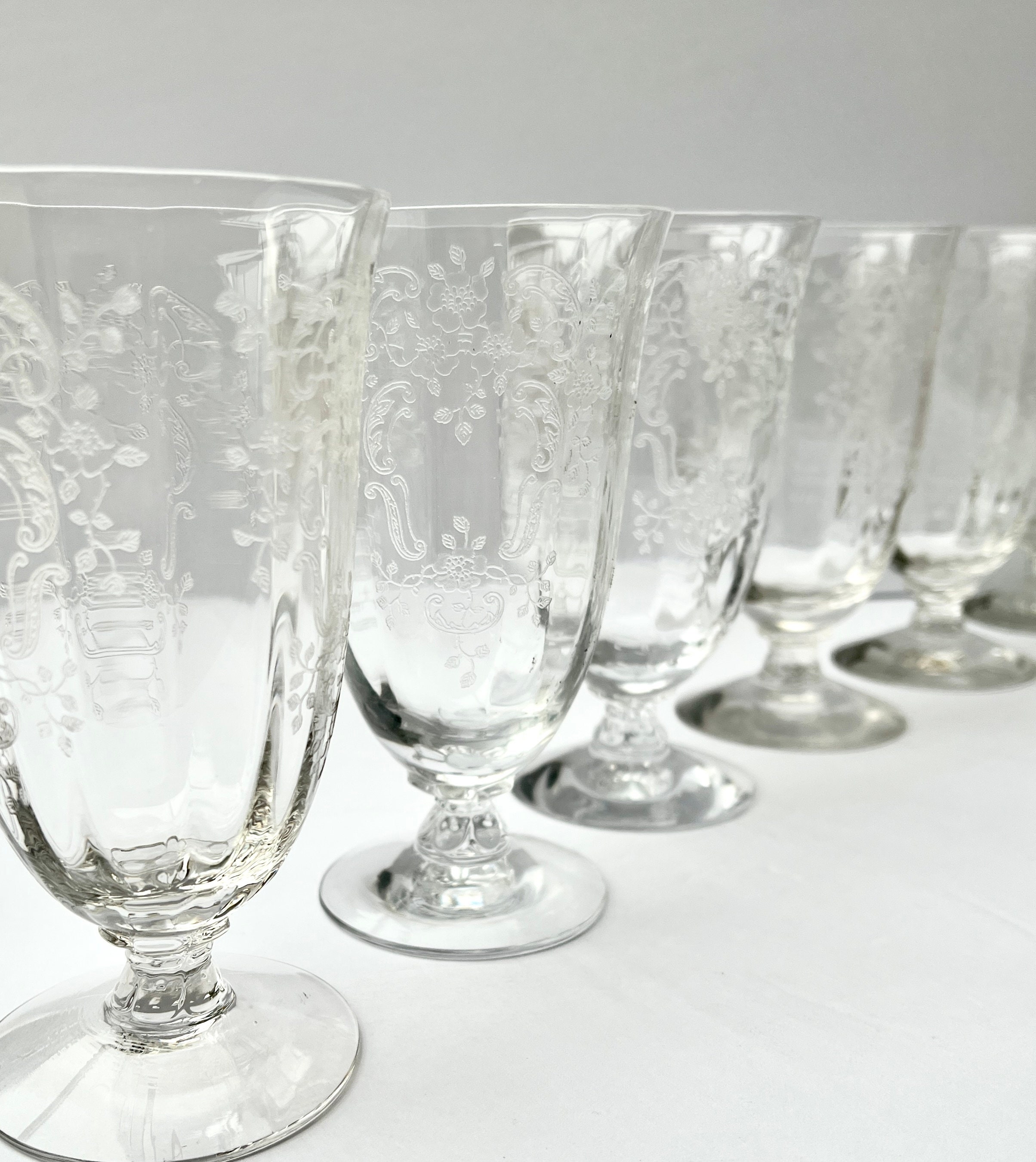 1940s Fostoria Etched Crystal Cocktail Glasses Set Of 6 Meadow Rose Stemware Weddings