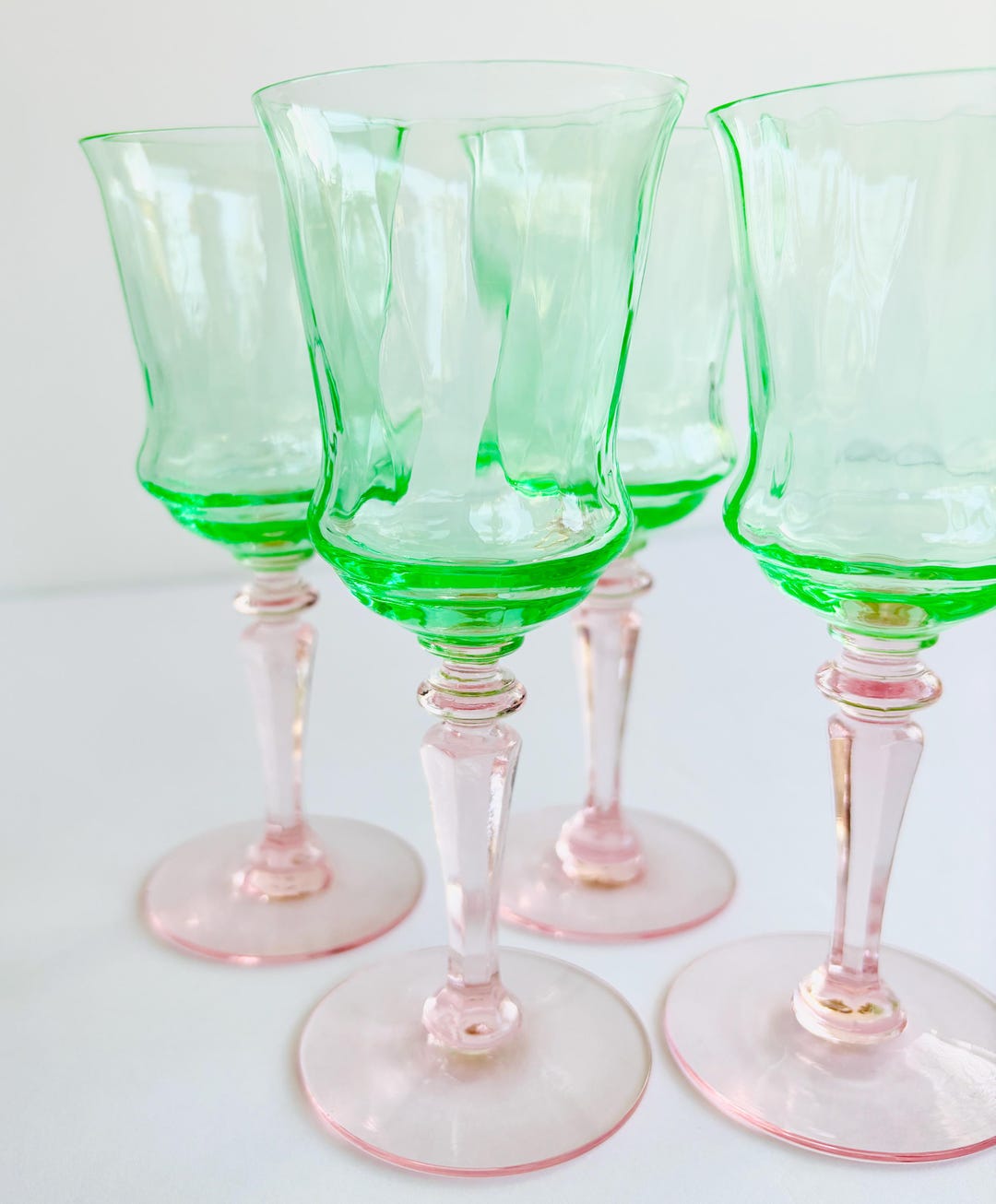 Rare Uranium Glass Stemware, Diamond Optic Reverse Green Pink, Set of 4 ...
