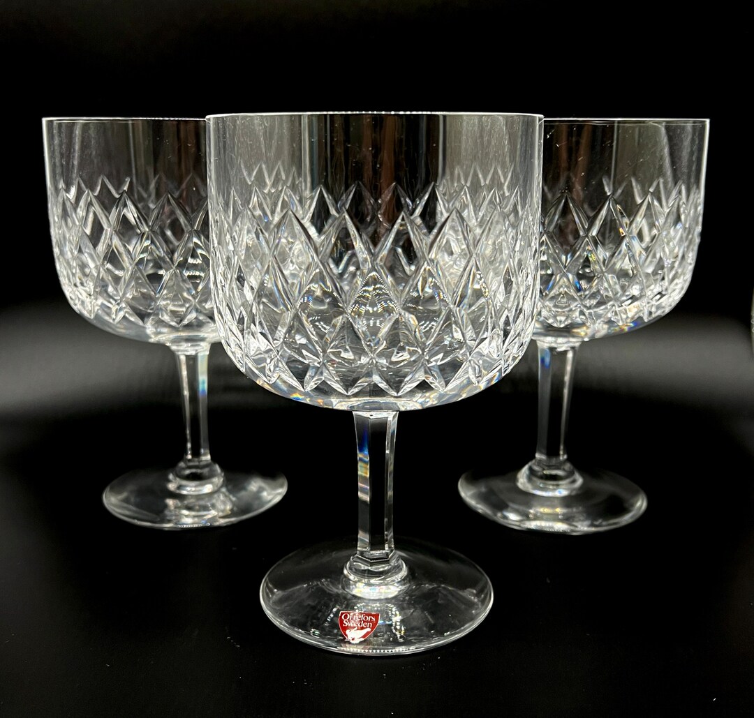6 ORREFORS Cut Crystal Wine Goblets, Elegant Stemware, 14oz. Cocktail ...