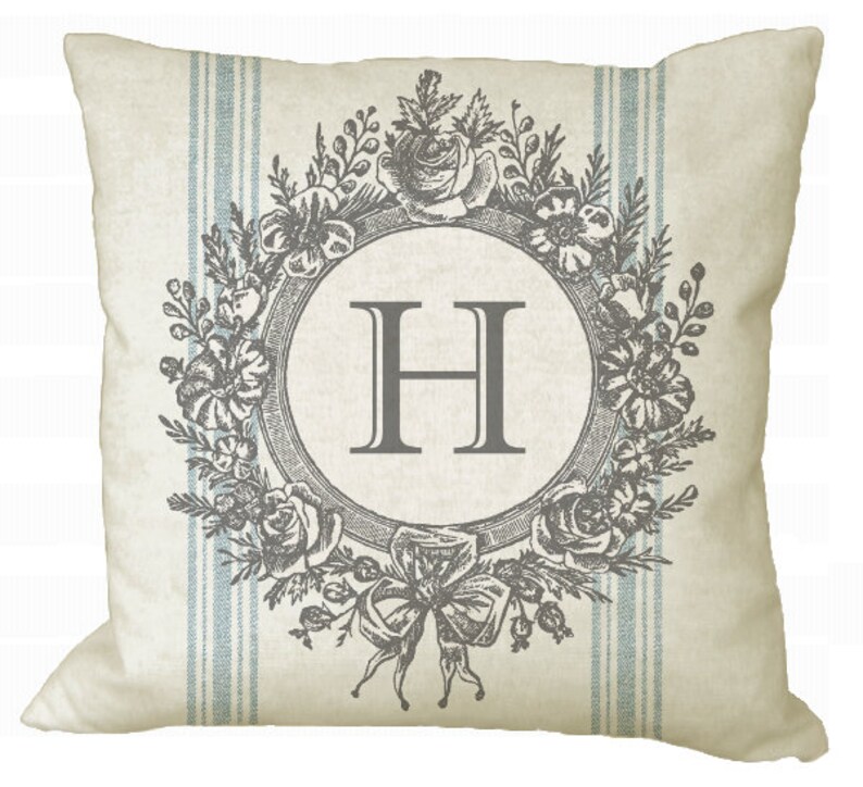 Floral Frame Custom Monogram on Blue Double Grainsack in | Etsy