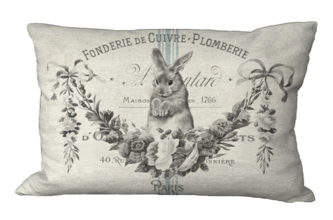 Sweet French Rabbit & Floral Garland Oblong Lumbar Blue Grain Sack ...
