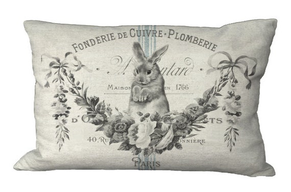 Sweet French Rabbit & Floral Garland Oblong Lumbar Blue Grain - Etsy