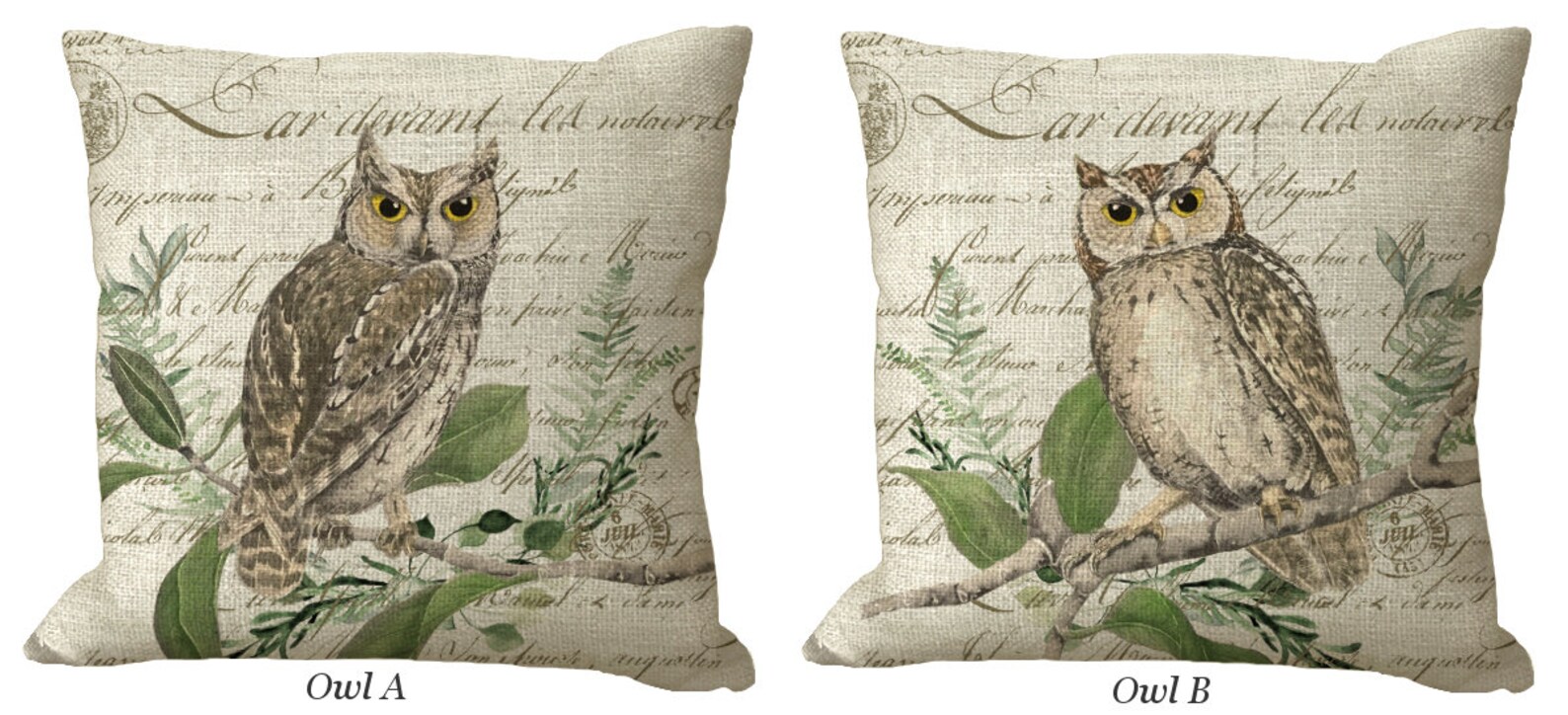 Coordinating Owls on Branch French Letter in Choice of 14x14 | Etsy