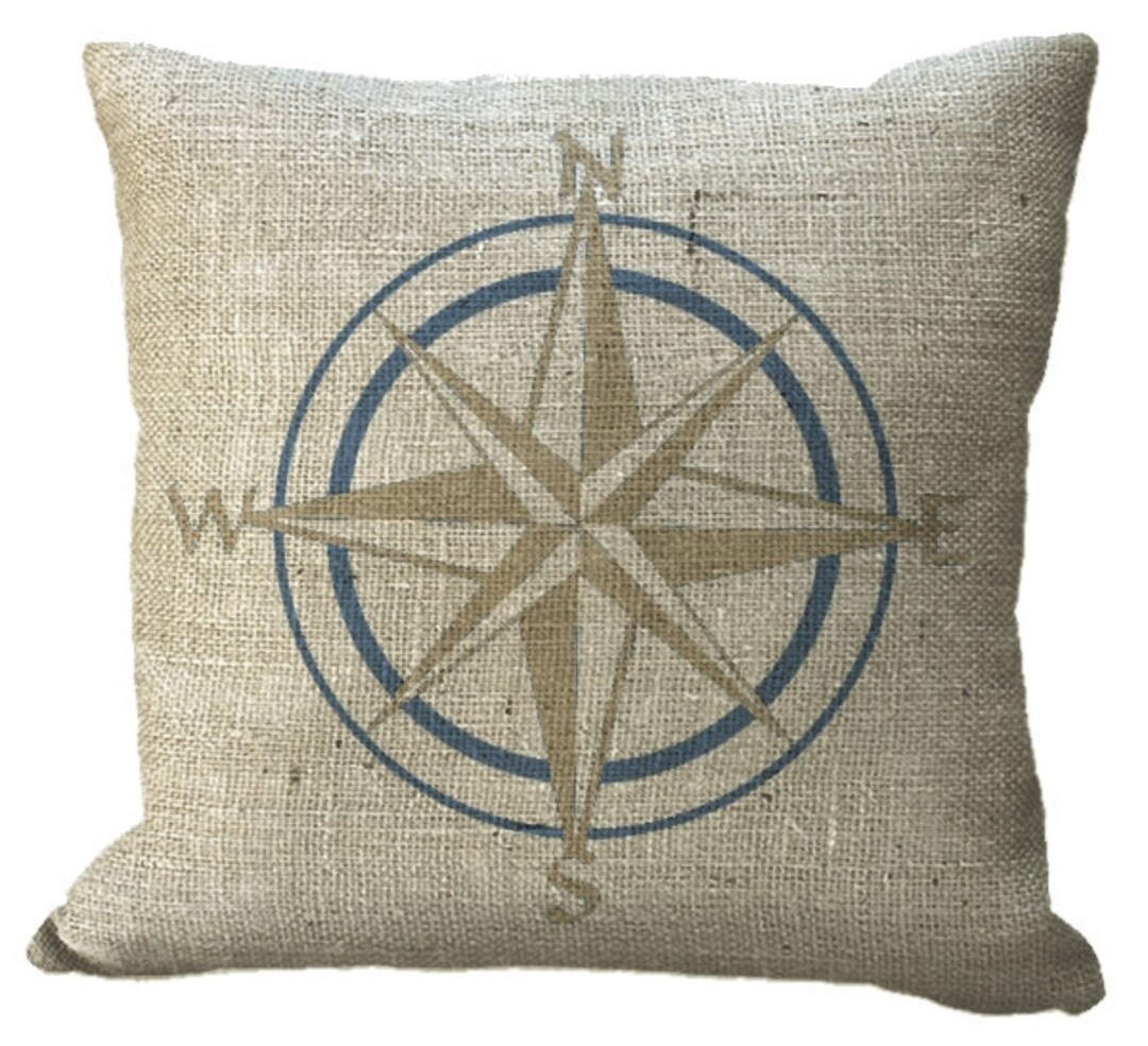 Burlap Natural and Blue Nautical Compass in Choice of 14x14 - Etsy