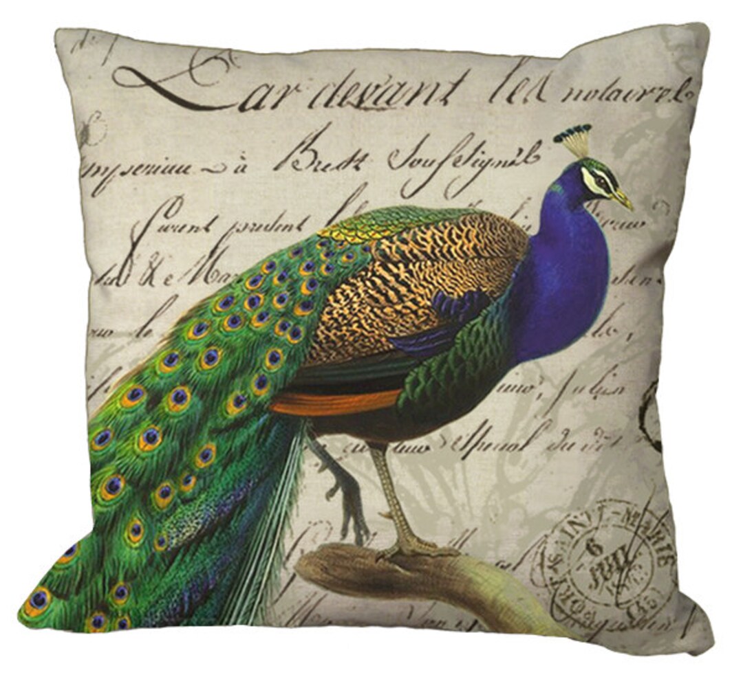 Classic Peacock on French Script in Choice of 14x14 16x16 18x18 20x20 ...