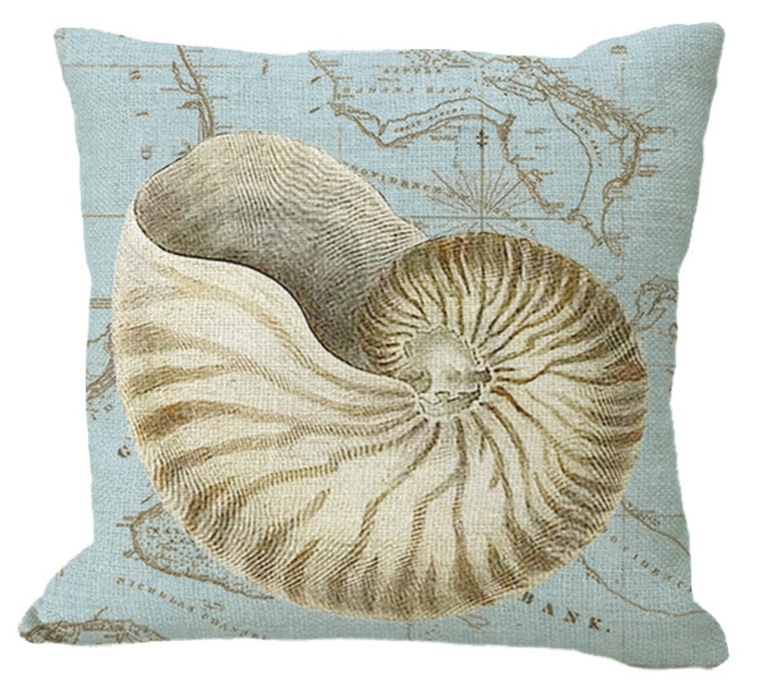 Natural Nautilus on Map on Blue in Burlap in Choice of 14x14 - Etsy