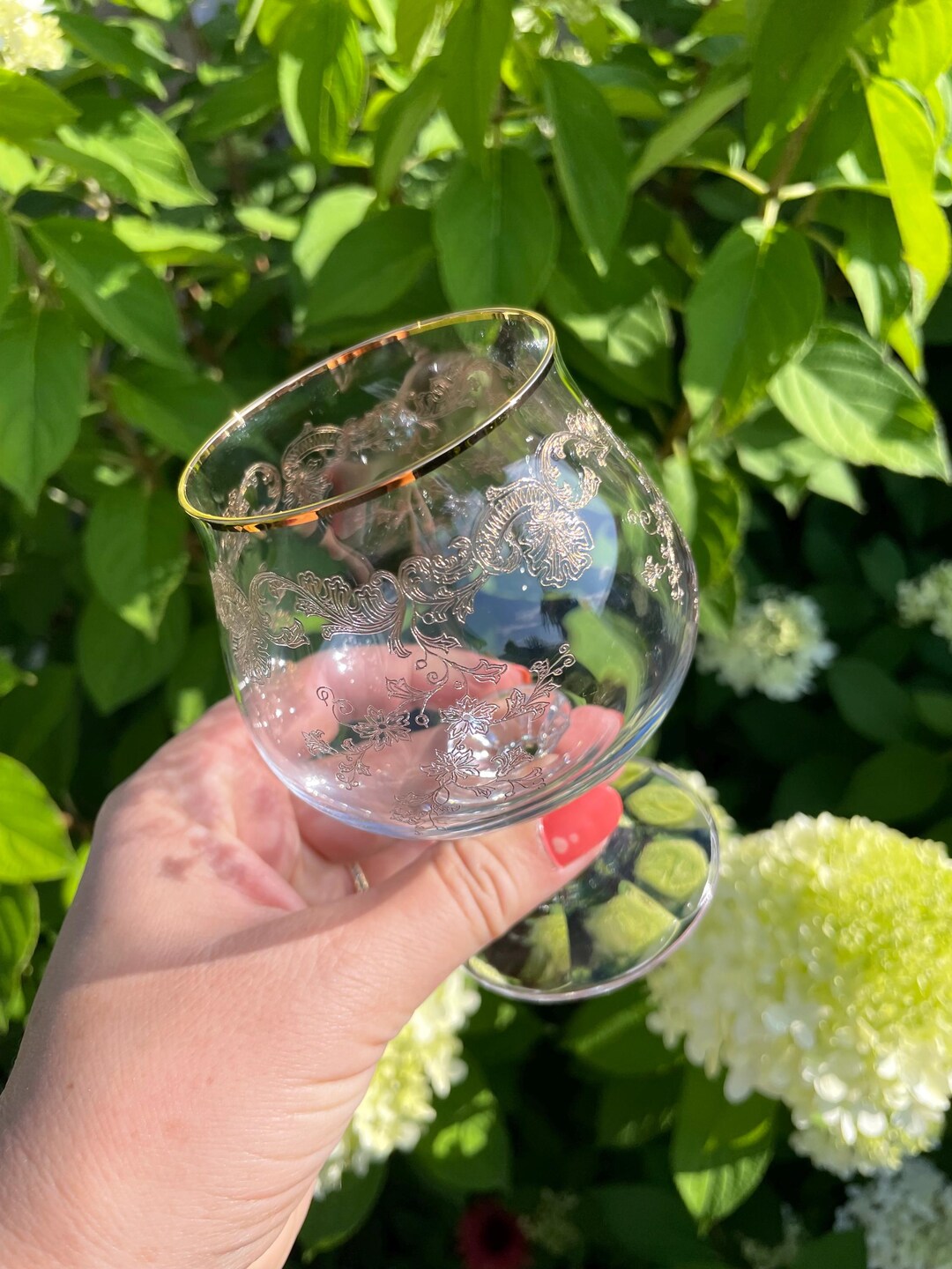 Vintage Gold Rim Etched Brandy Snifters: Romantic Cottagecore Barware ...